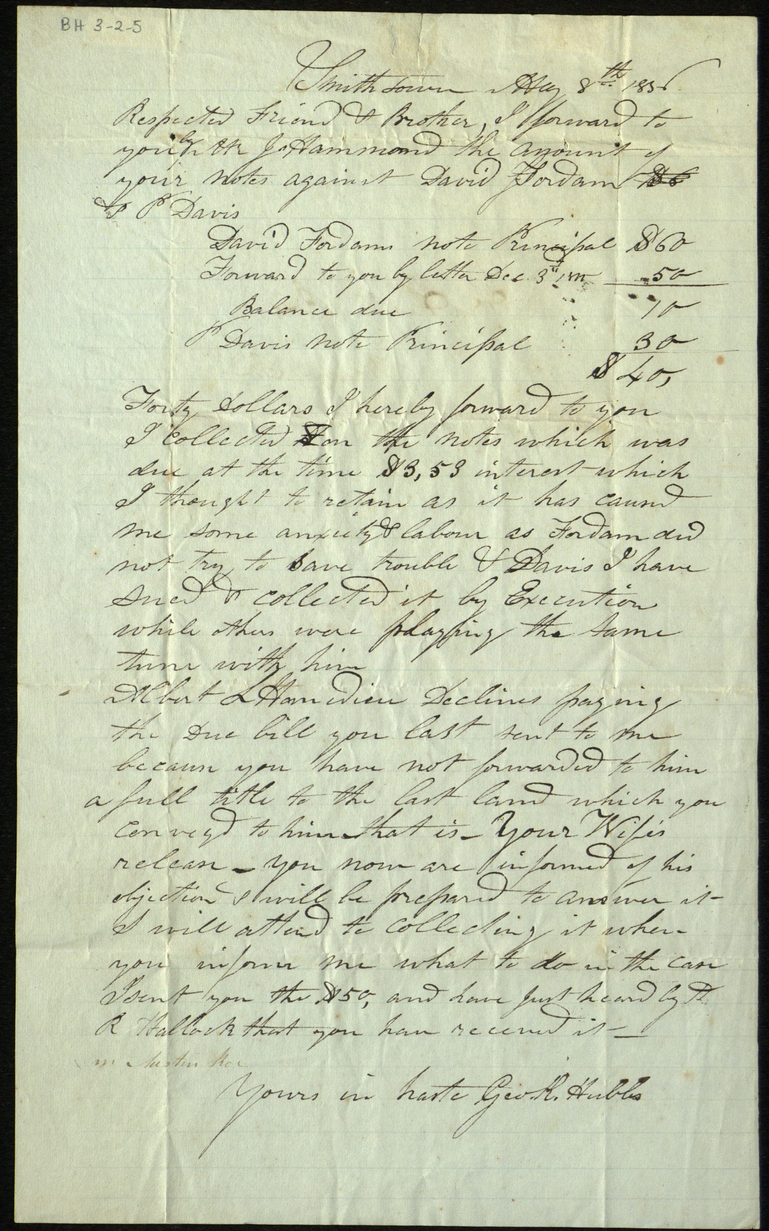 Letter from George K. Hubbs to Austin Roe, Smithtown, N.Y., 1856
