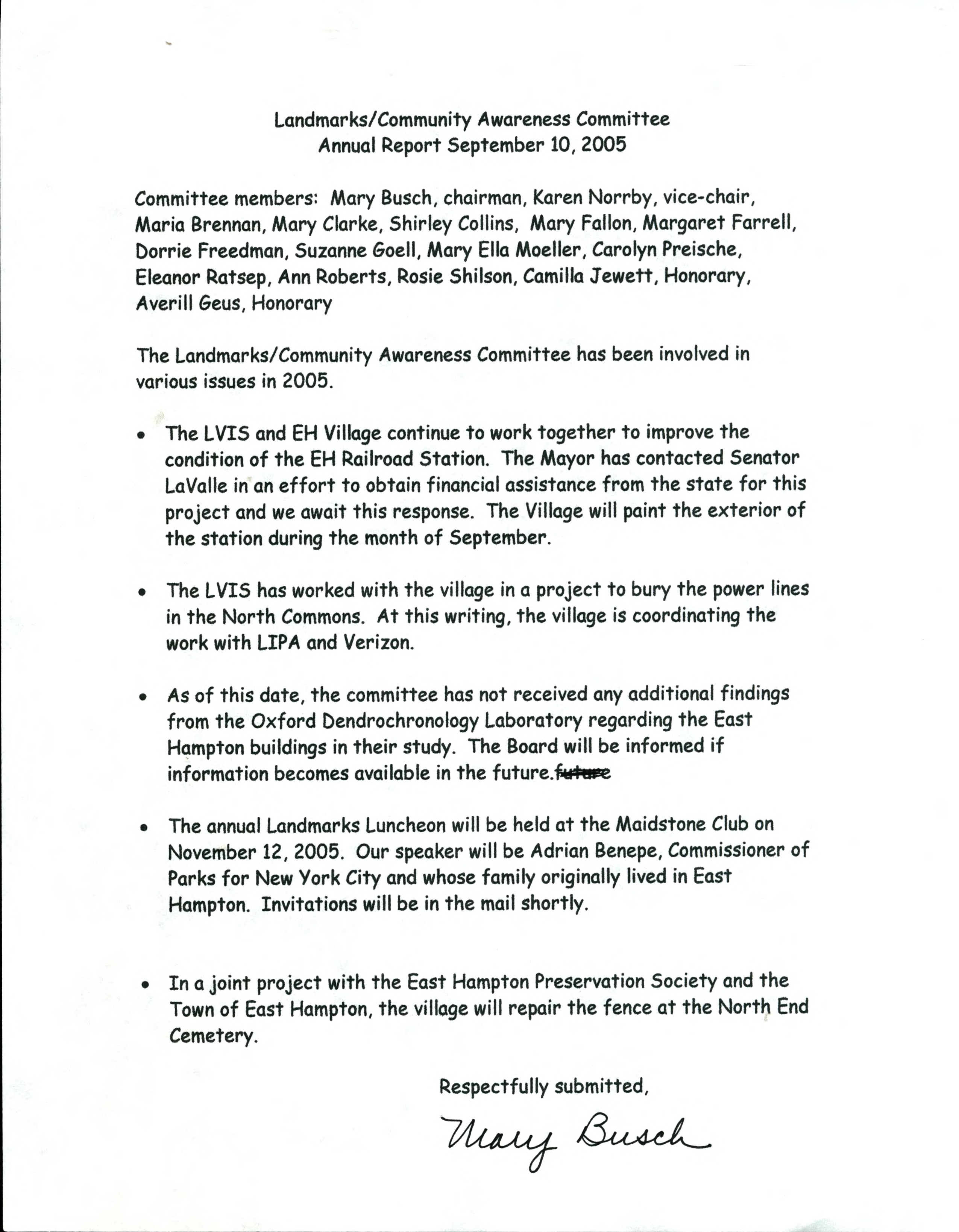 Landmarks Community Awareness Annual Report, September 10 2005