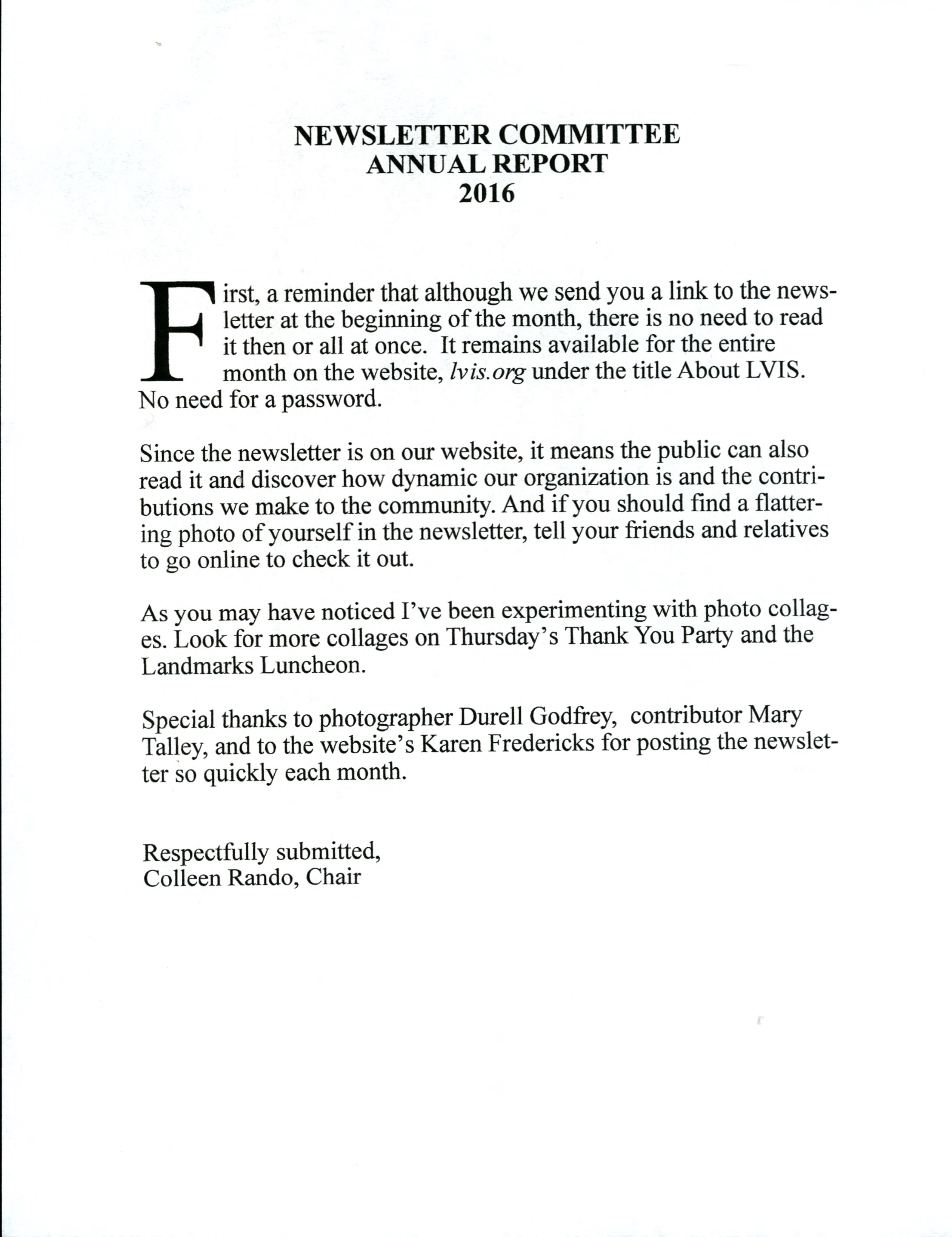 Newsletter Committee Report, c. 2016