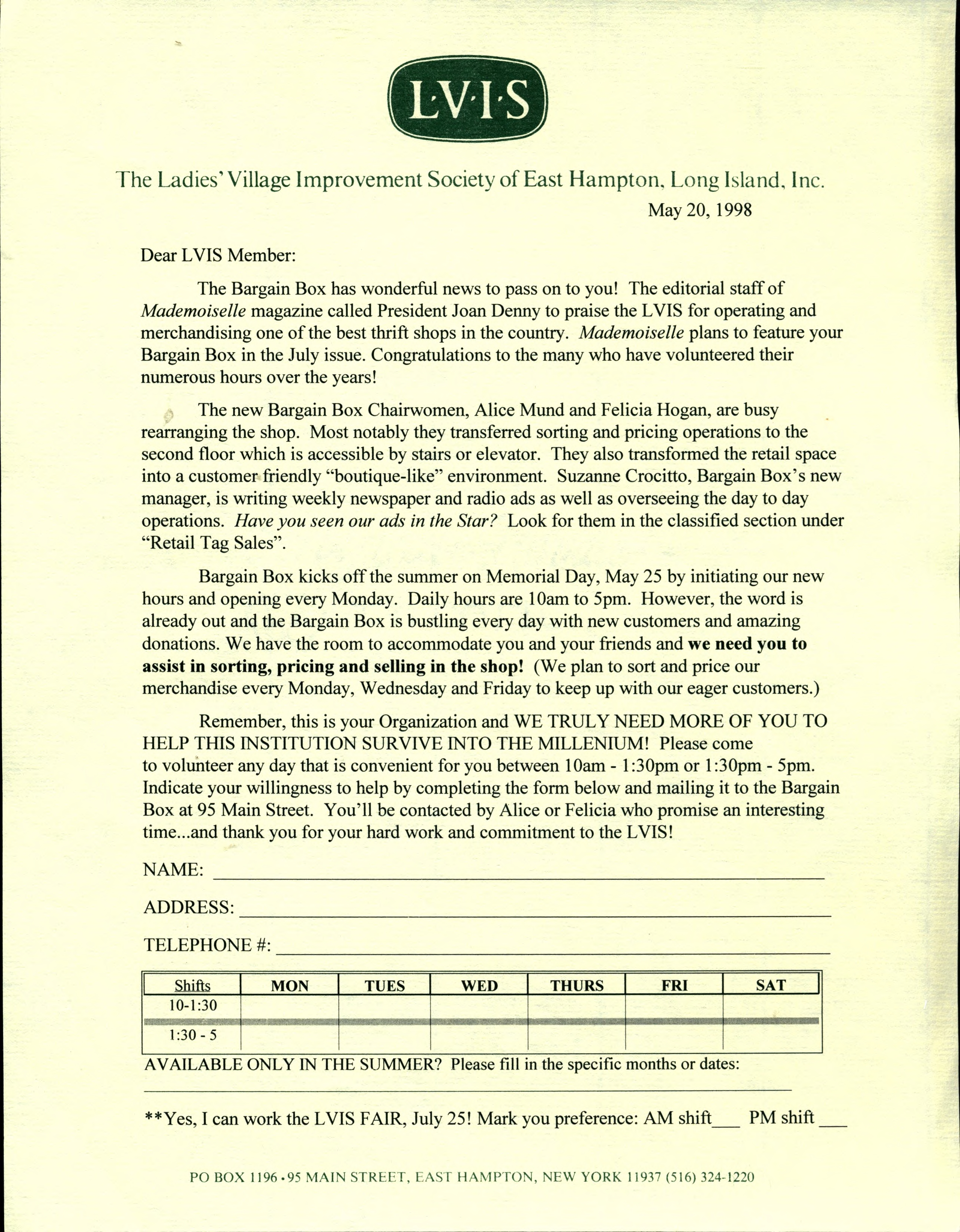 Letter to Members, Mademoiselle Magazine, May 20 1998