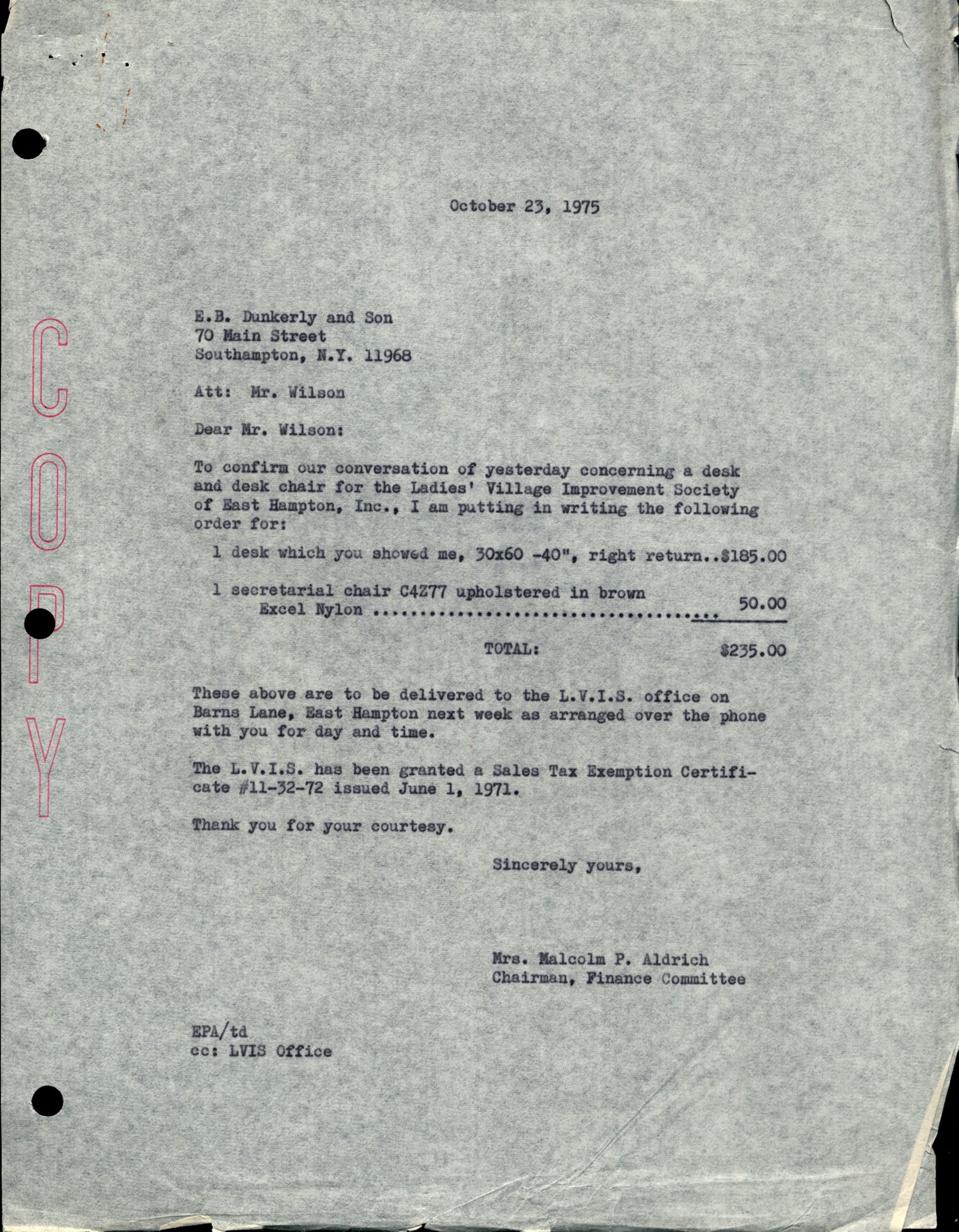 Letter, Mrs. Malcolm P. Aldrich to Mr. Wilson, October 23 1975