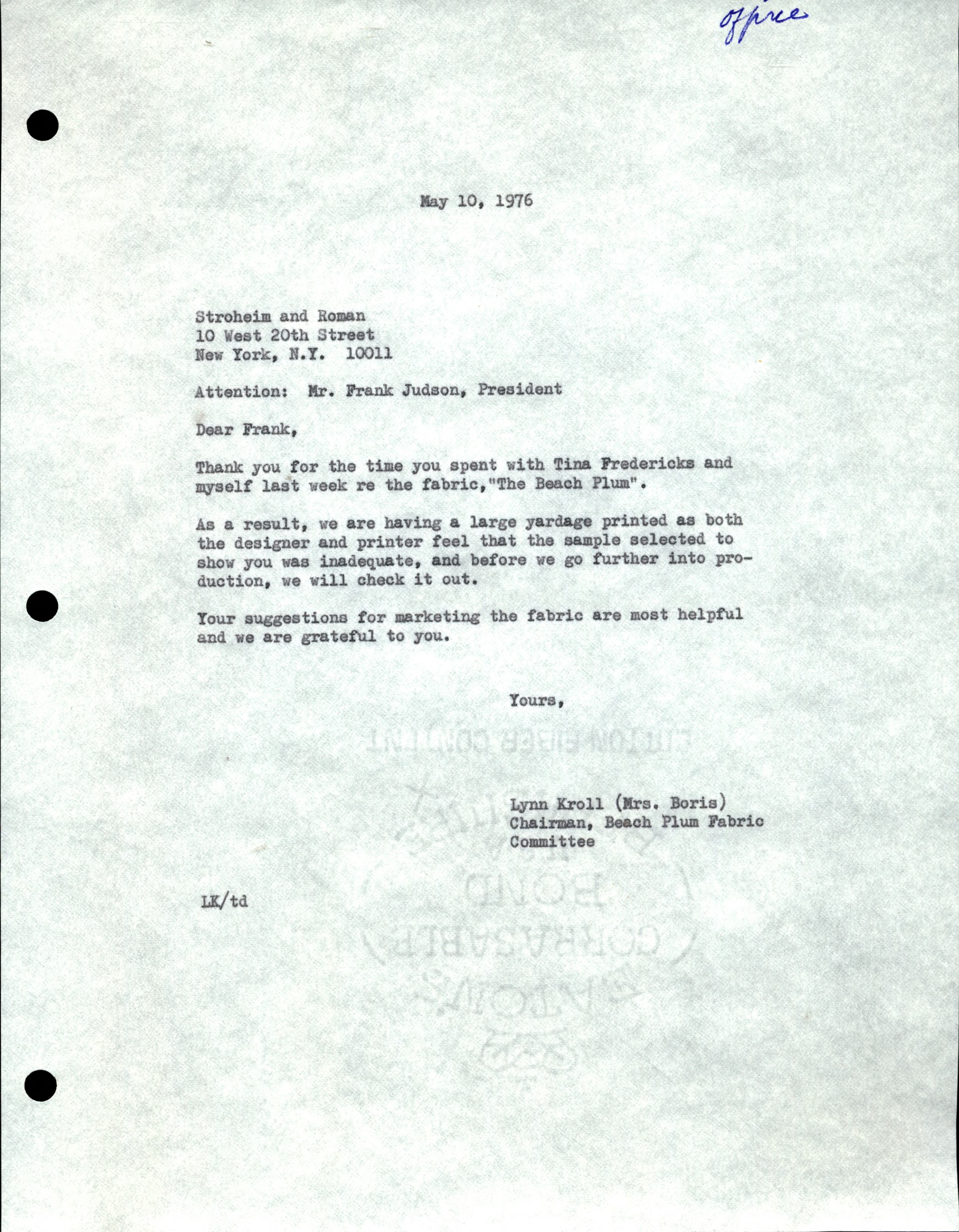 Letter, Lynn Kroll to Frank Judson of Stroheim and Roman, May 10 1976
