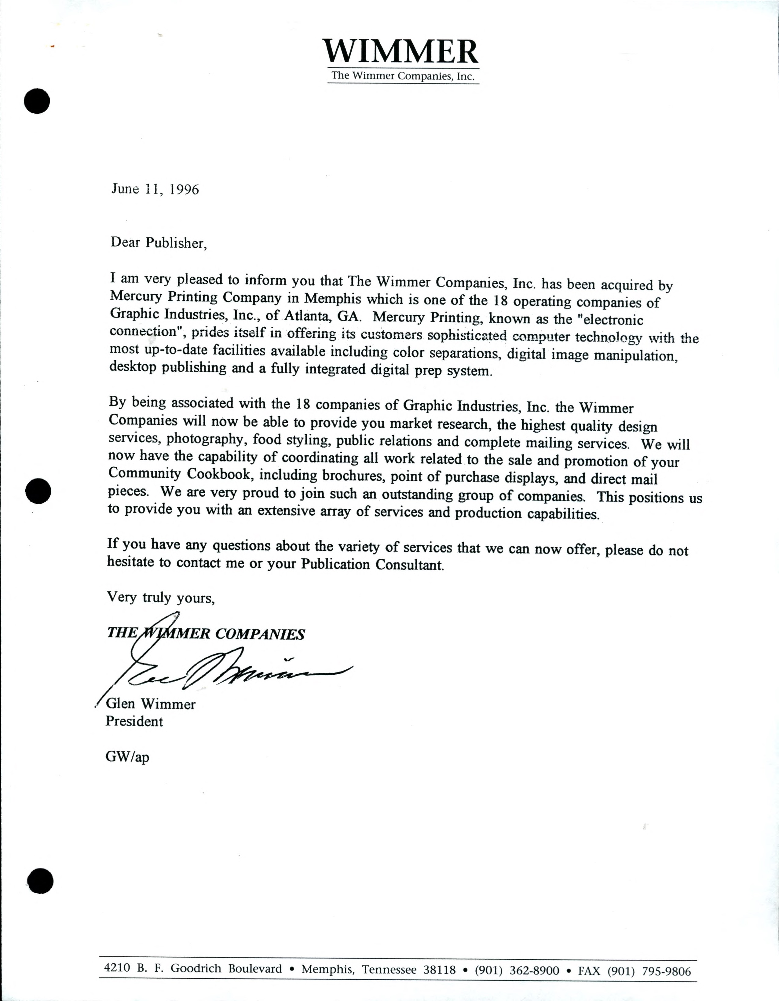 Letter, Glen Wimmer, June 11 1996