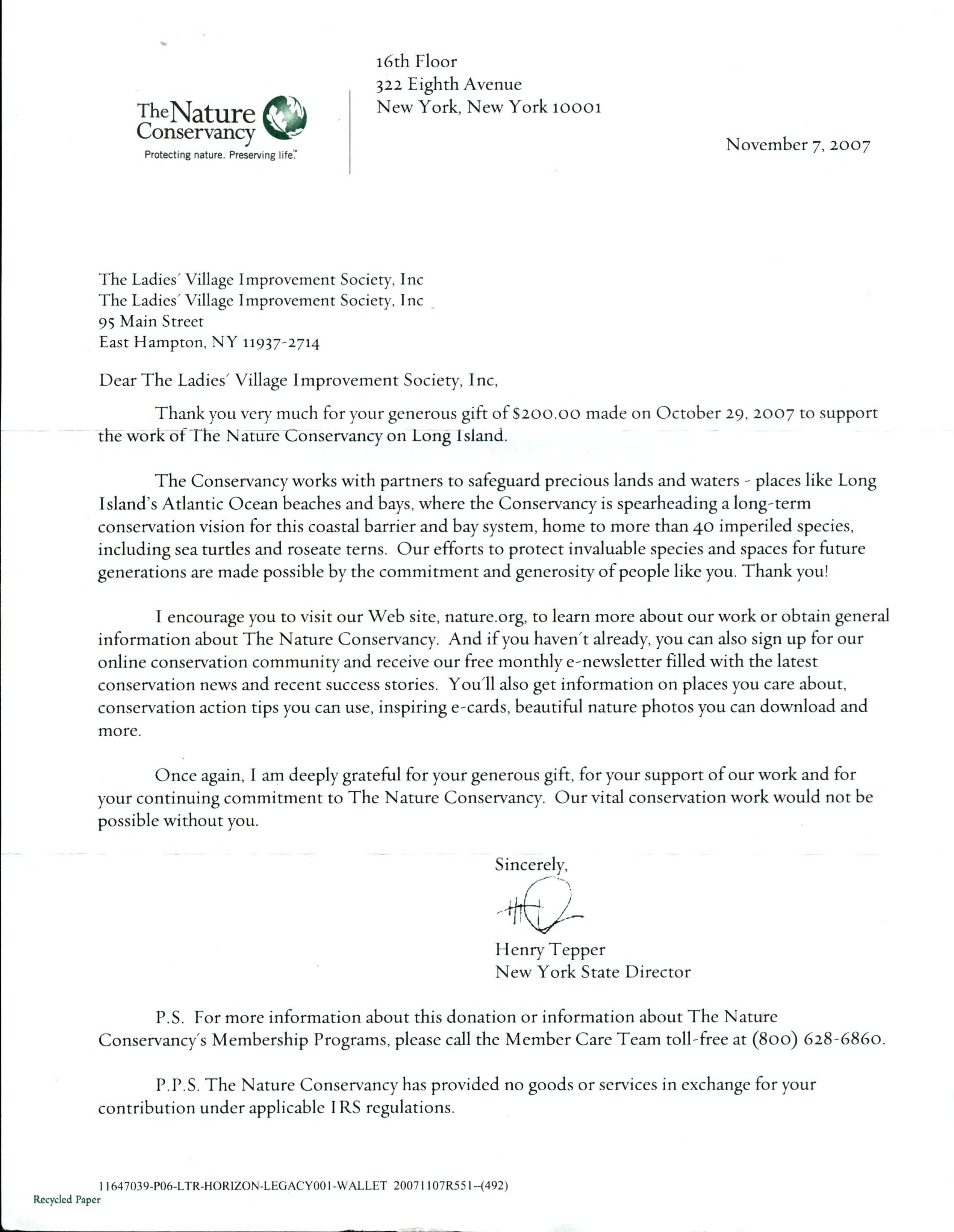 Letter, Henry Tepper of The Nature Convervancy, November 07 2007