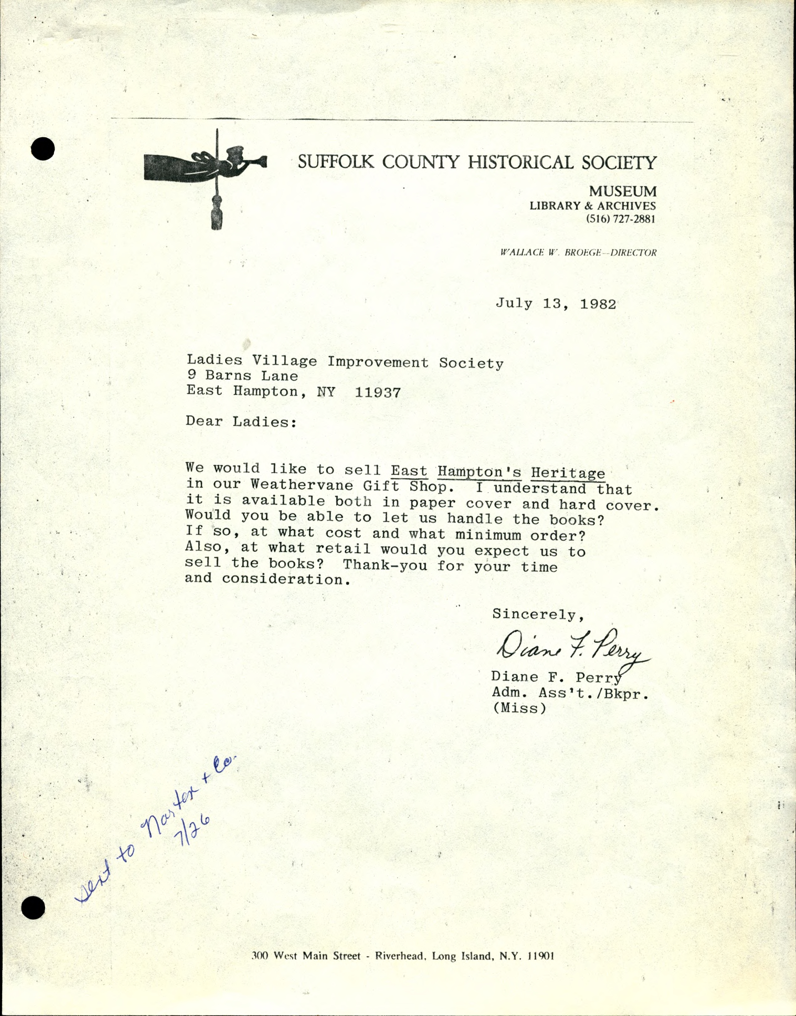 Letter, Diane Perry of Suffolk County Historical Society, July 13 1982