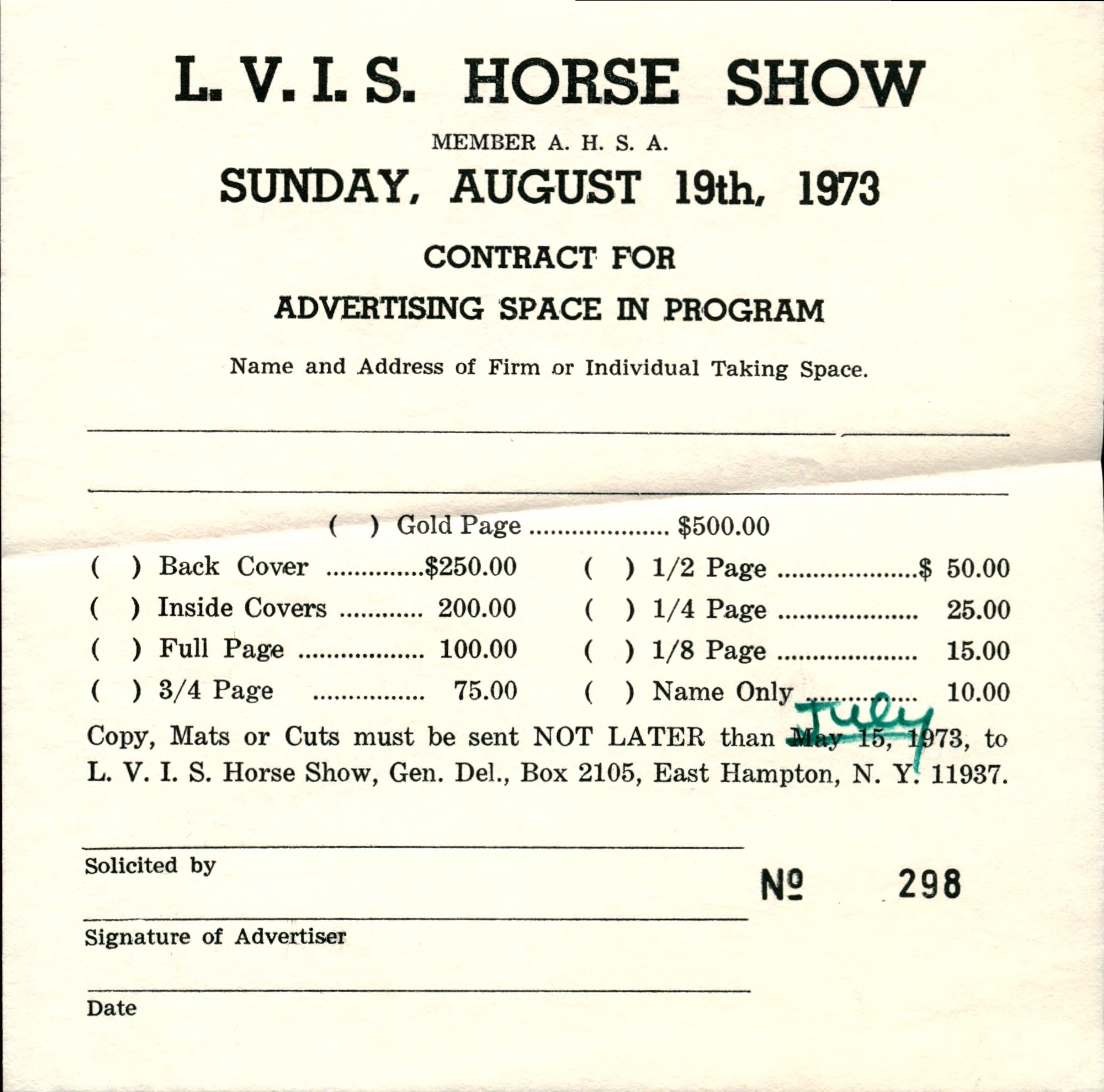 1973 Horse Show Program Insert - Advertising Space Contract