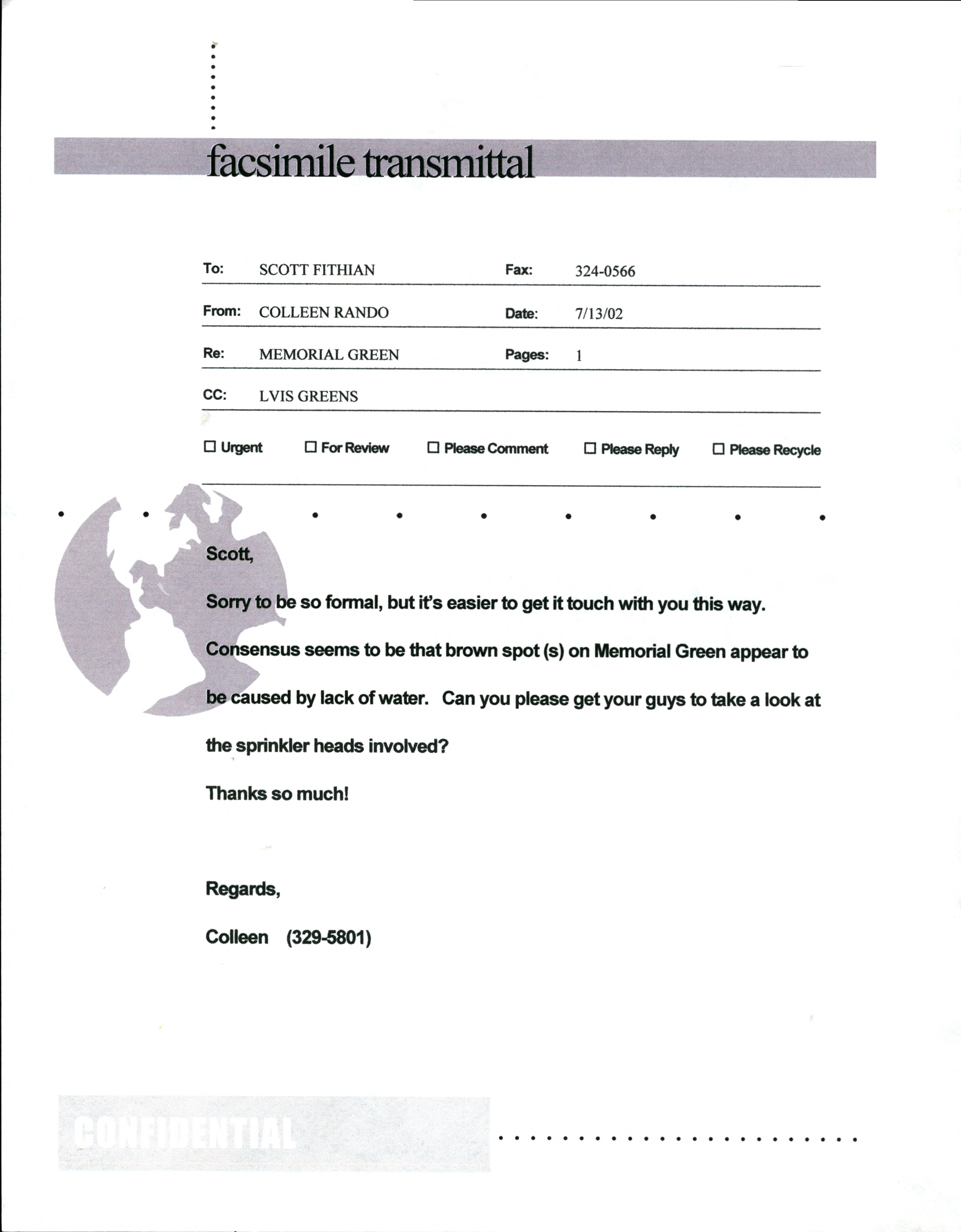 Fax, Colleen Rando to Superintendent of Public Works Scott Fithian ...