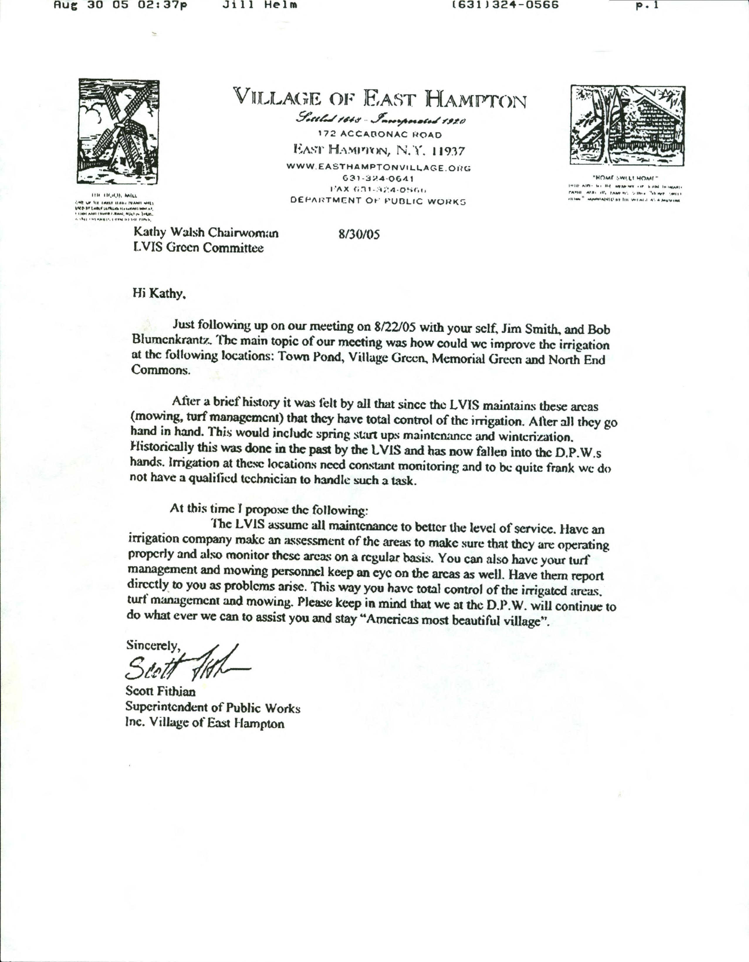 Letter, Kathy Walsh to Superintendent of Public Works Scott Fithian ...