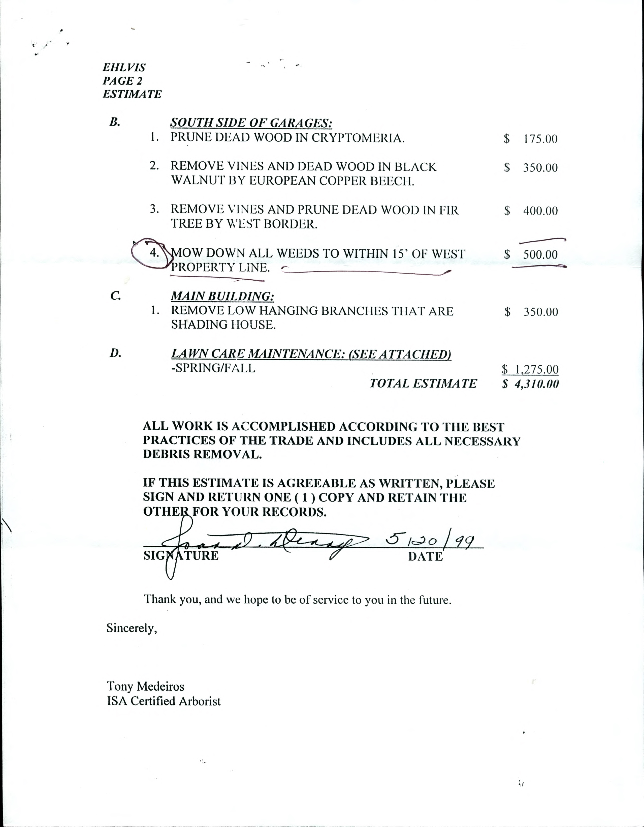 Proposal, Tony Mederios, Lawn Care, May 14 1999