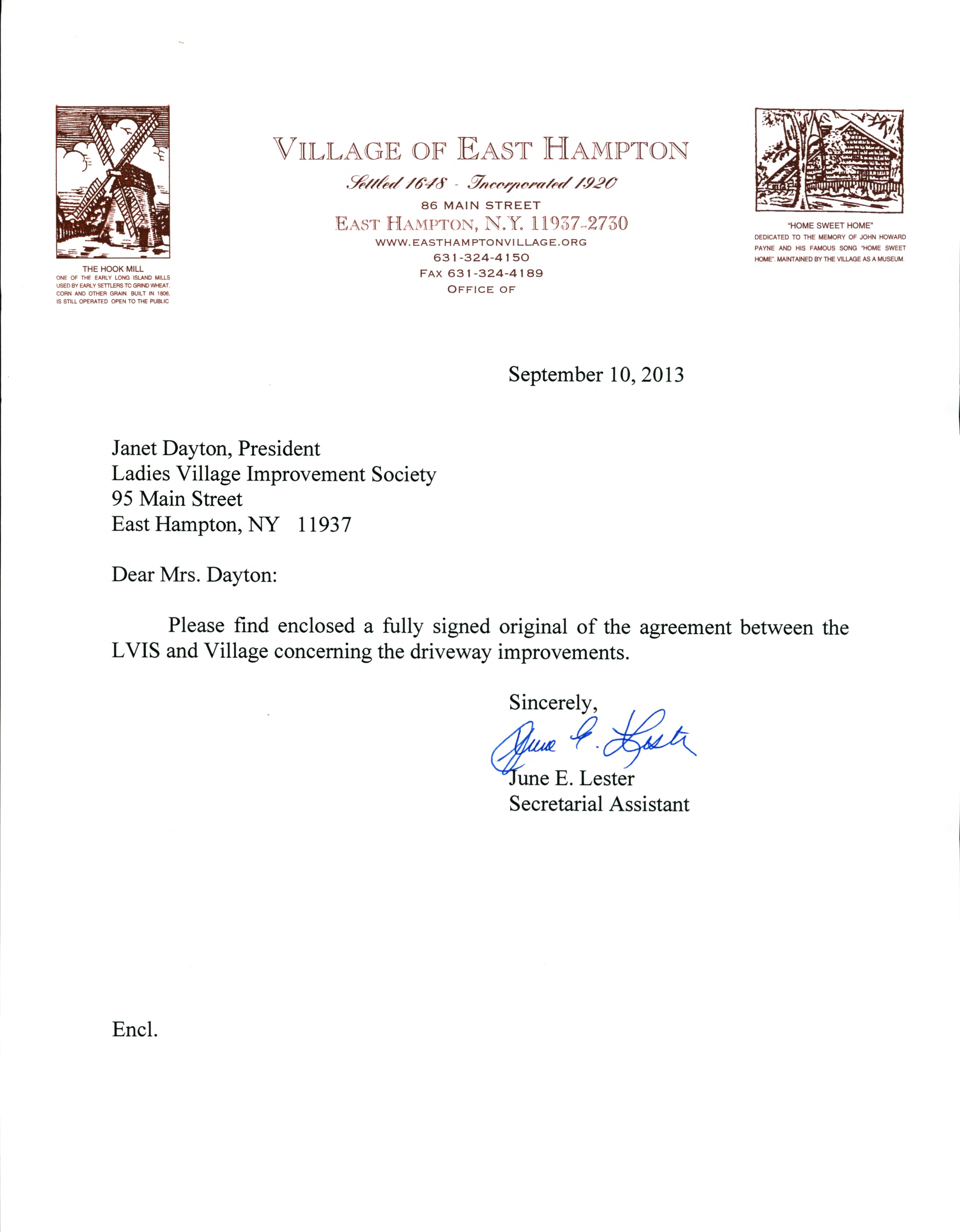 Letter, June Lester of Town Board to Janet Dayton, September 10 2013