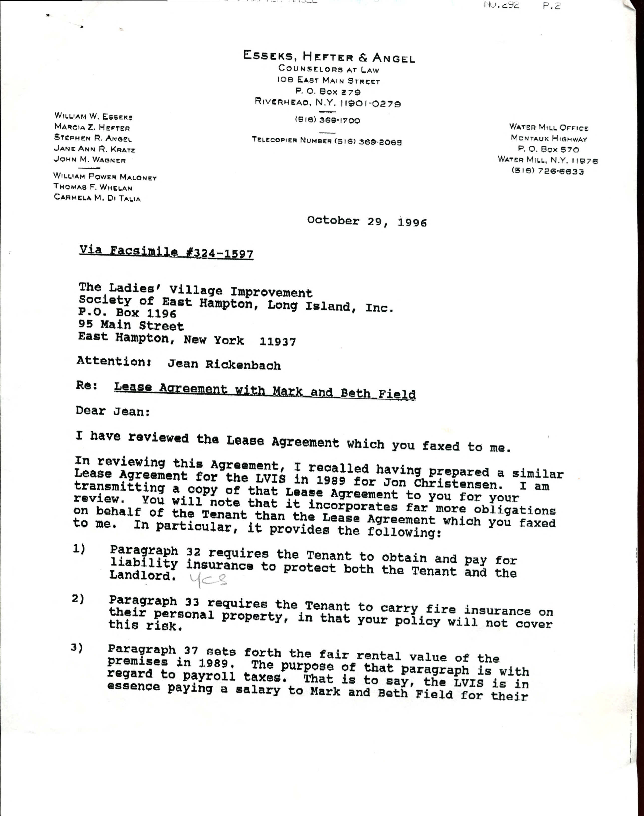 Letter, Marcia Z. Hefter to Jean Rickenbach, Lease Agreement, October ...