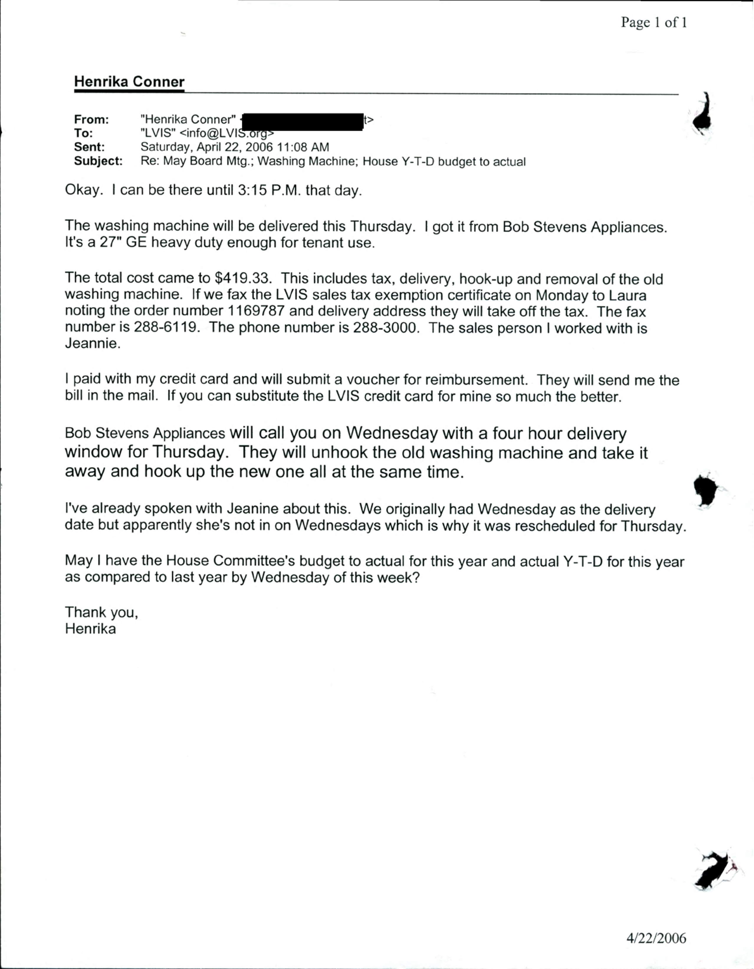 E-Mail, Meeting Reminder, Washing Machine, April 22 2006