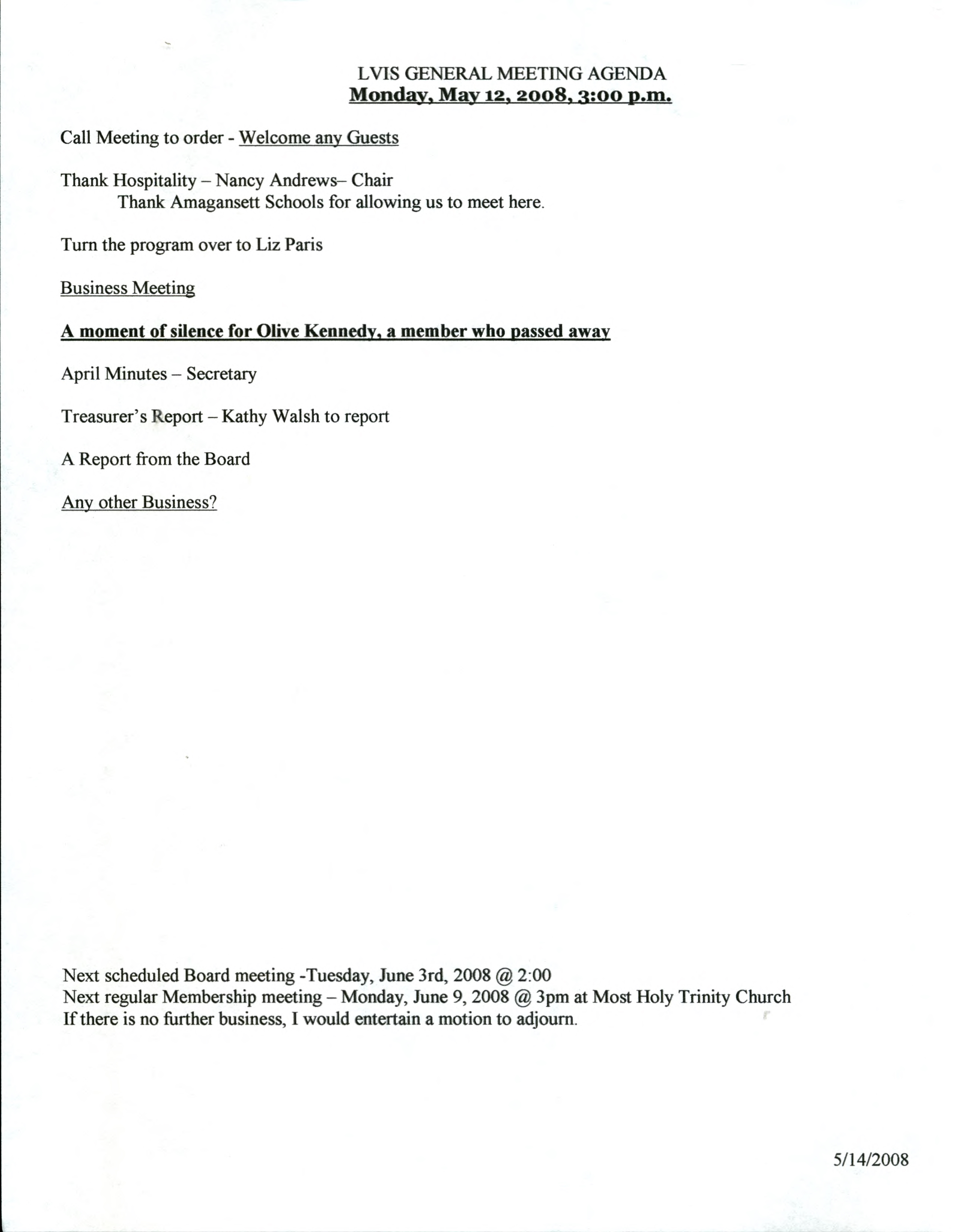 Minutes, May 12 2008