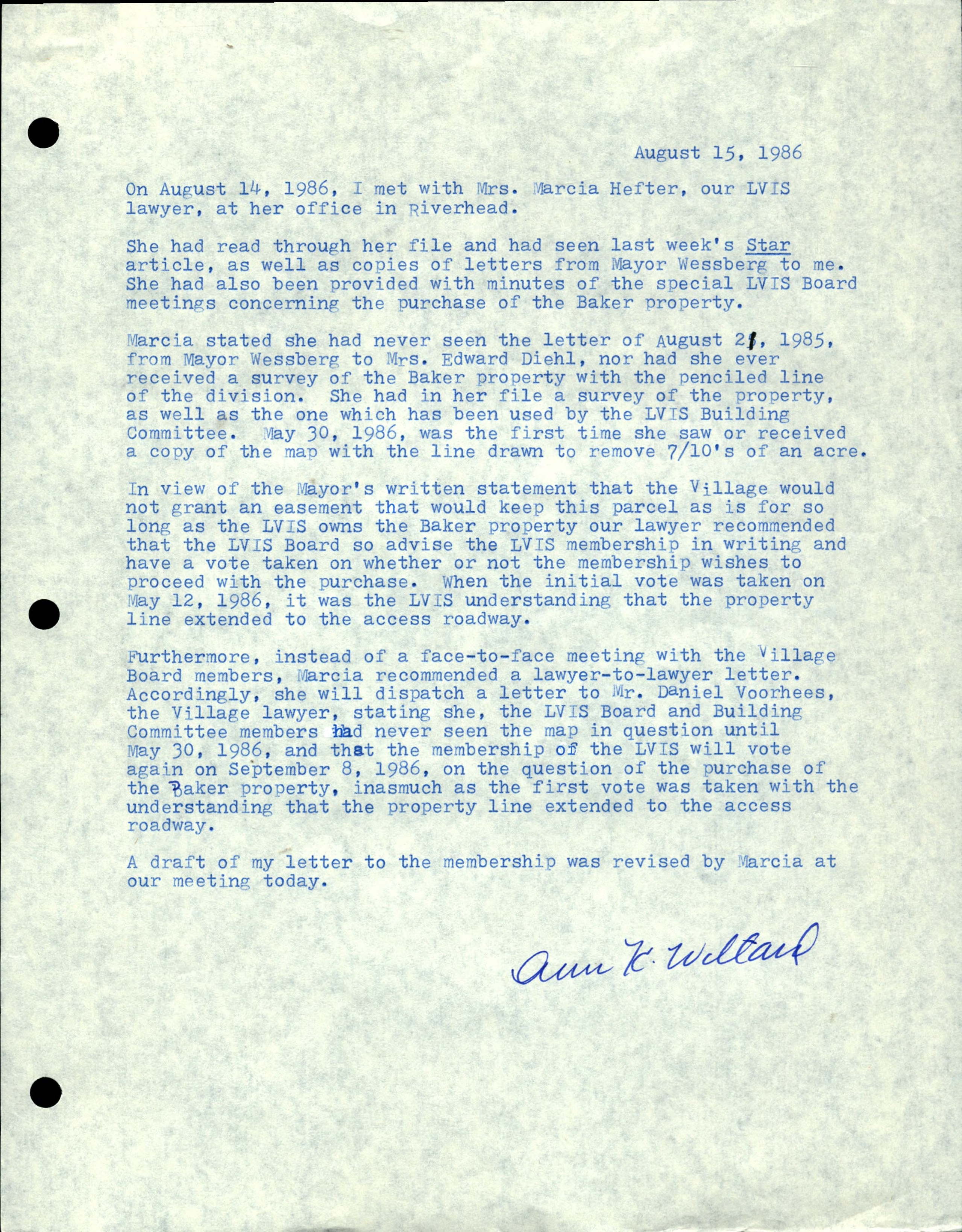 Letter, Ann Willard, August 15 1986