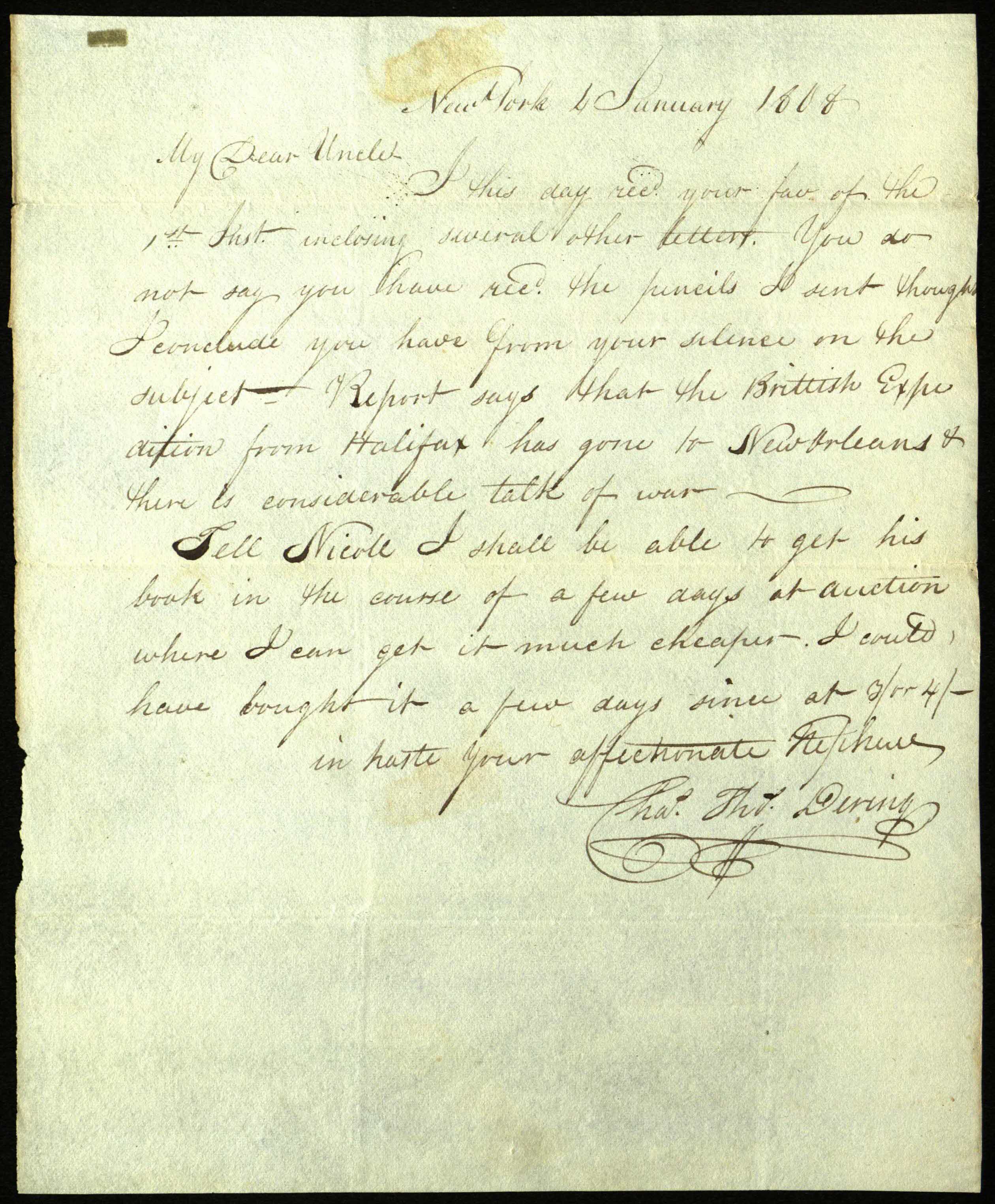 Letter from Charles Thomas Dering to his Uncle, 1808