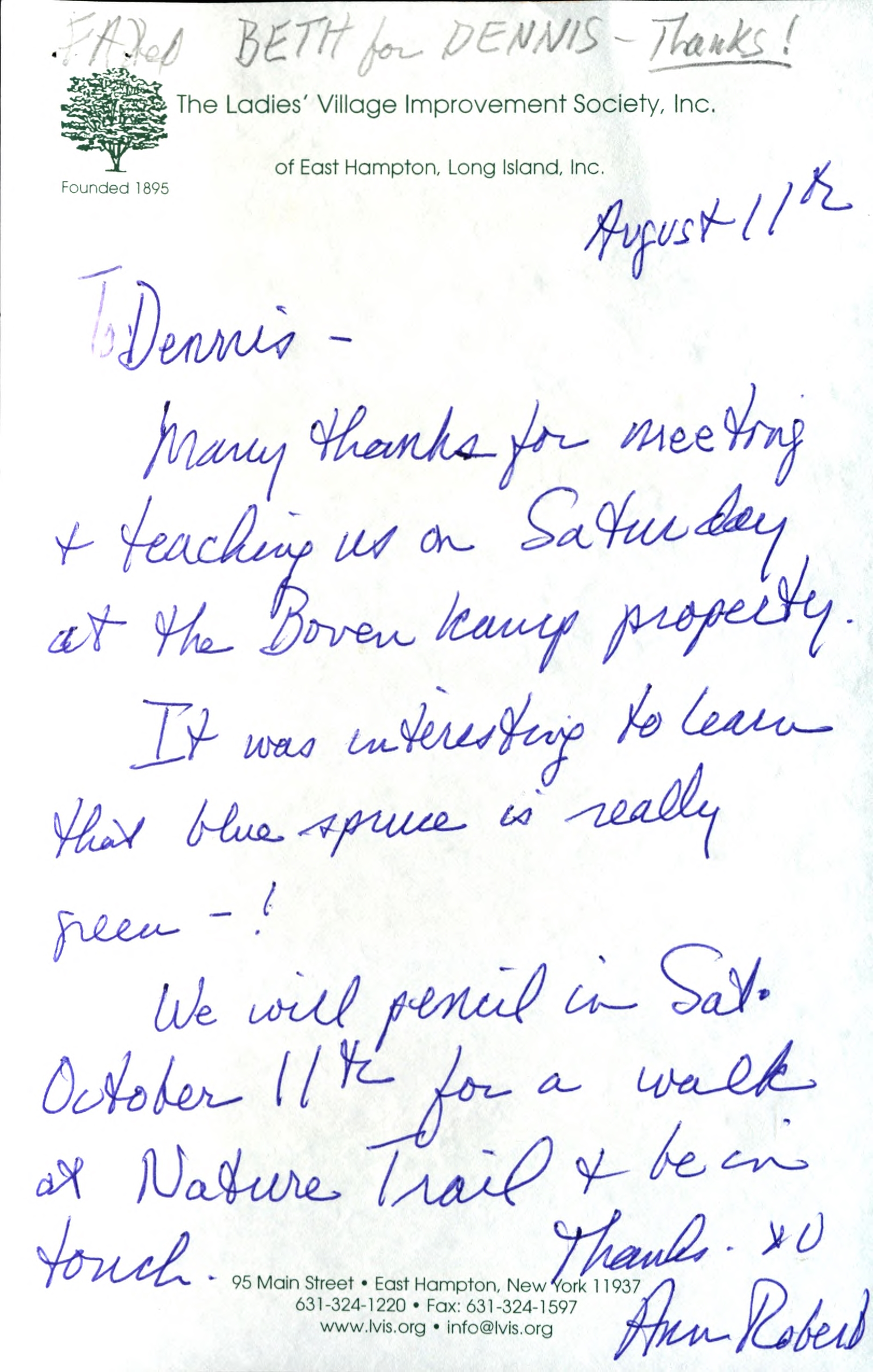 Letter, Ann Roberts to Dennis Limonius, August 11 2003