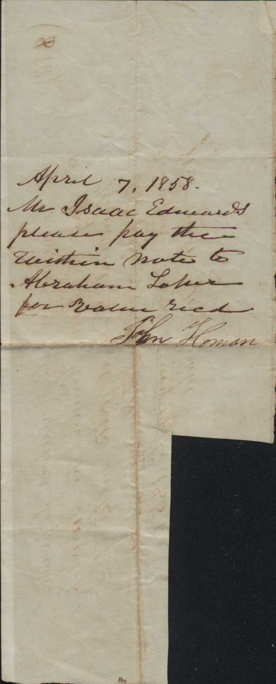 Promissary Note, Isaac Edwards to John Homan, May 12, 1856