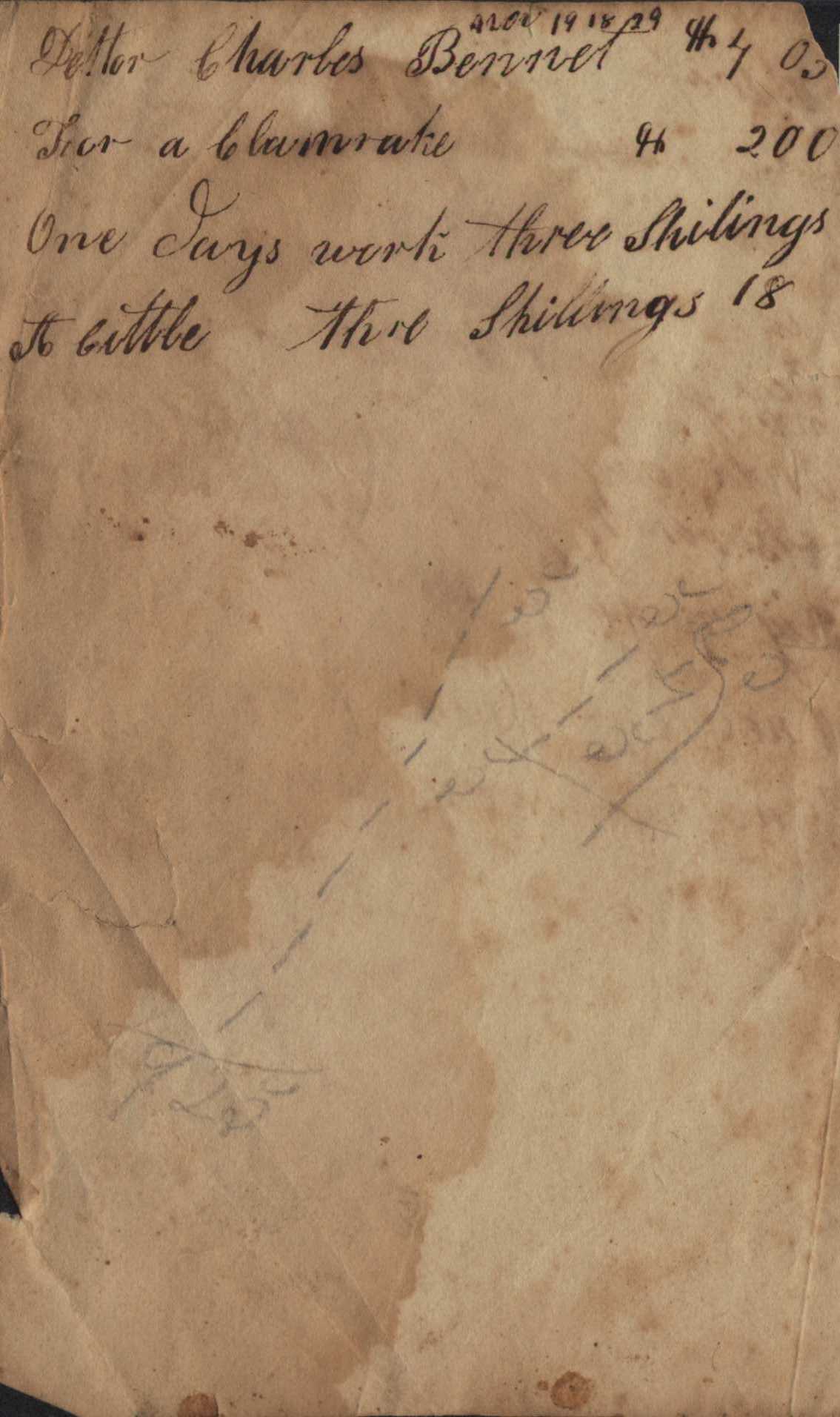 Payroll Receipt on Sloop Harriet for Charles Bennet, November 19, 1829