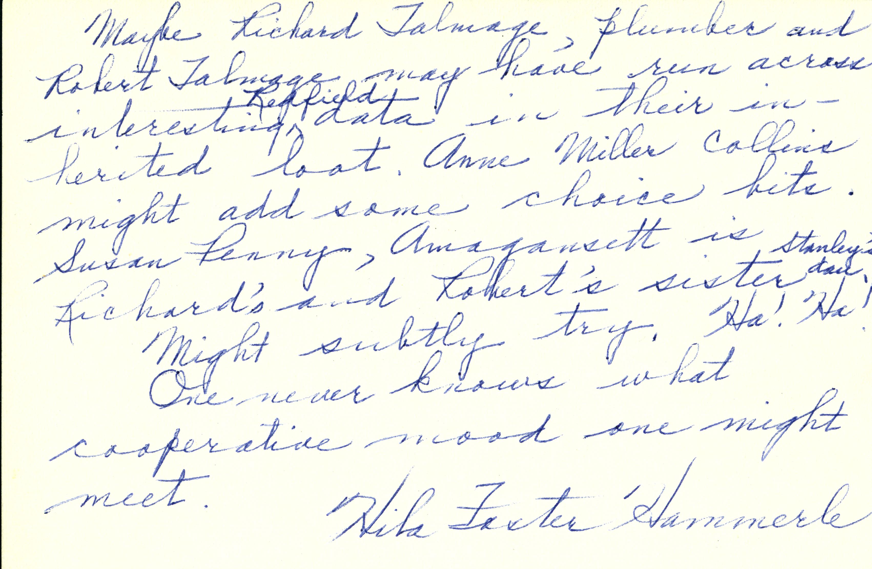 Hila Foster Hammerle to Mrs. O'Sullivan Regarding Talmage Genealogy ...