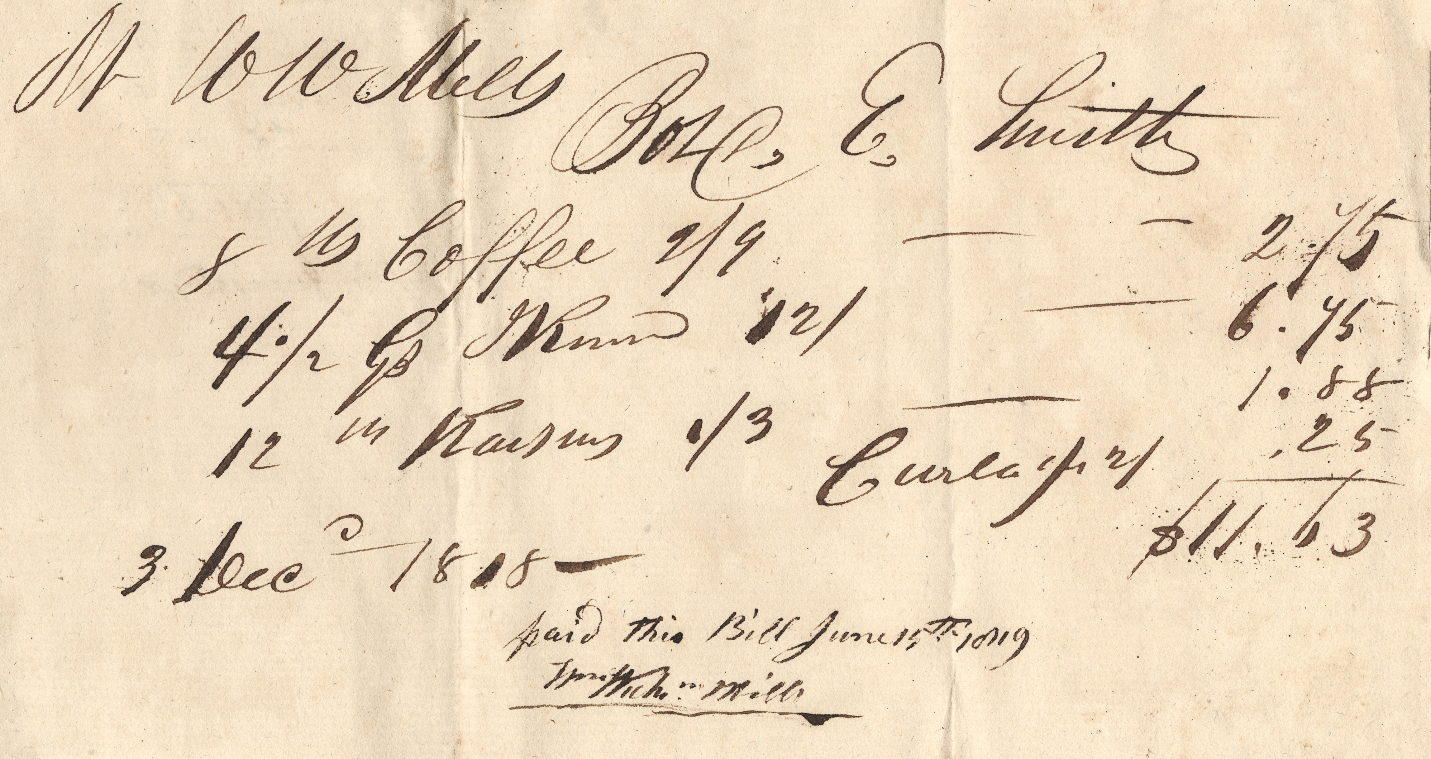 William Wickham Mills, Receipts, 1818-1823
