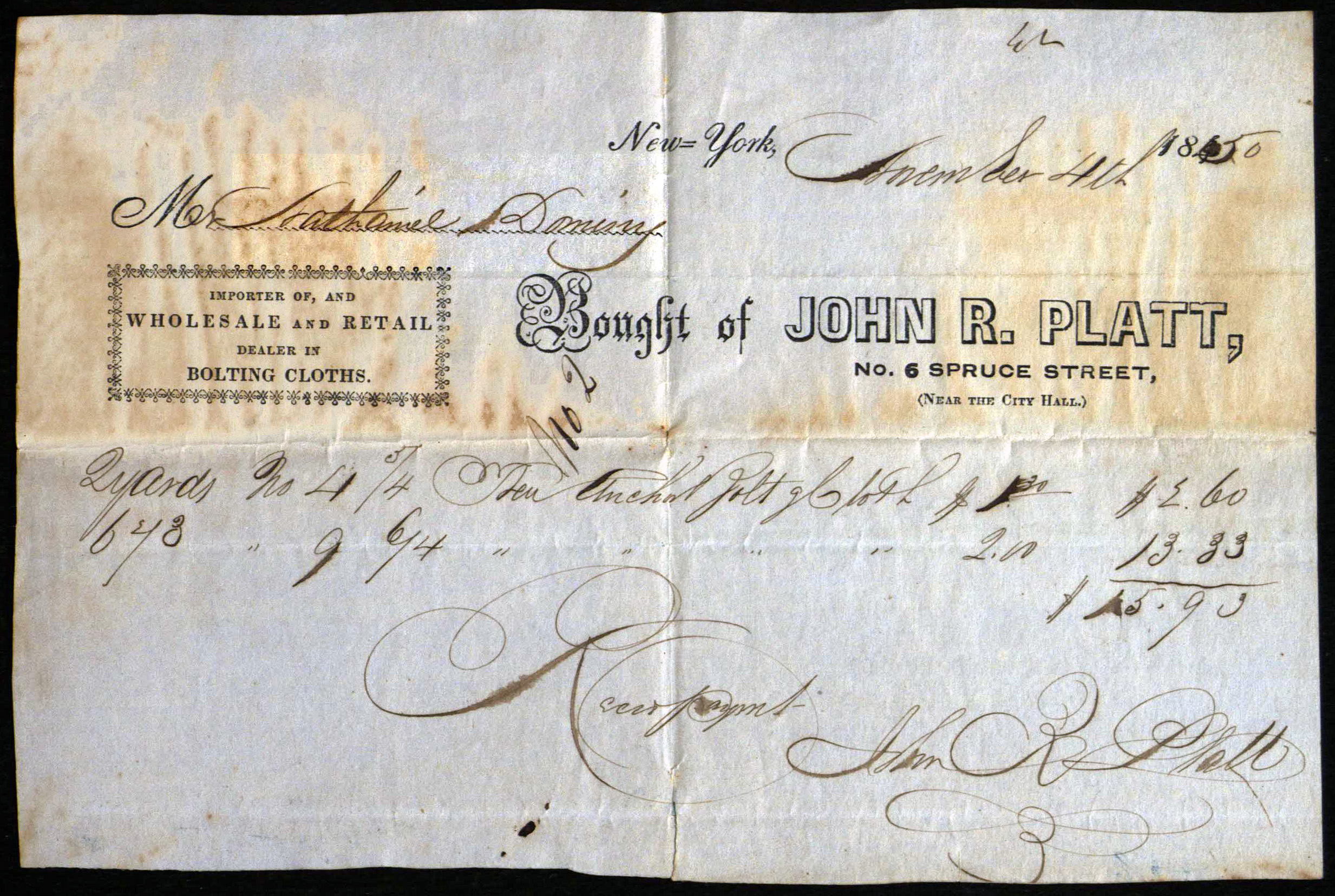 John Platt to Nathaniel Dominy, Nov. 04, 1850, receipt for bolting cloth