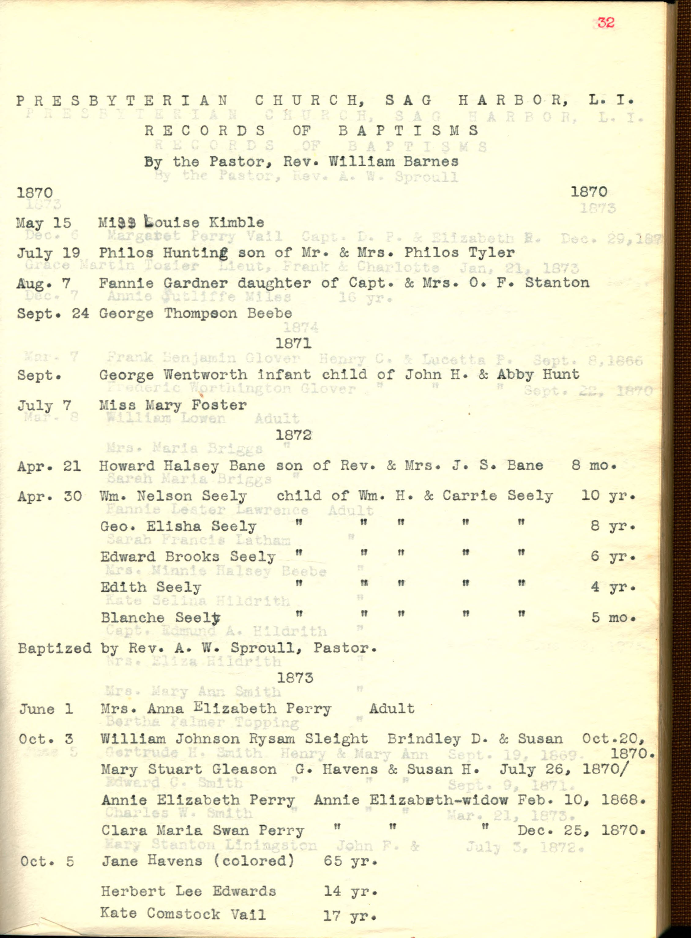 Sag Harbor Presbyterian Church Vital Records, 1791-1914