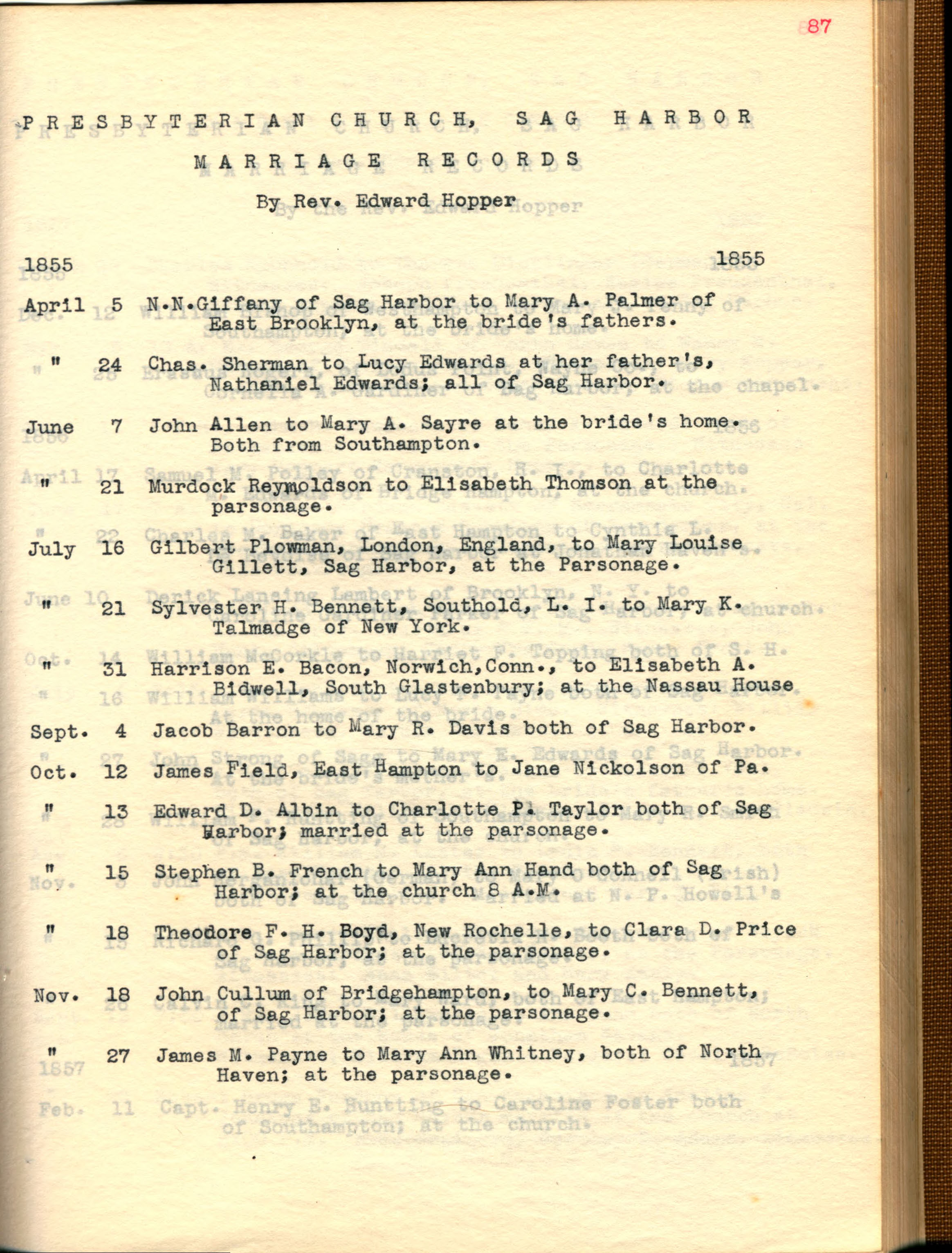 Sag Harbor Presbyterian Church Vital Records, 1791-1914