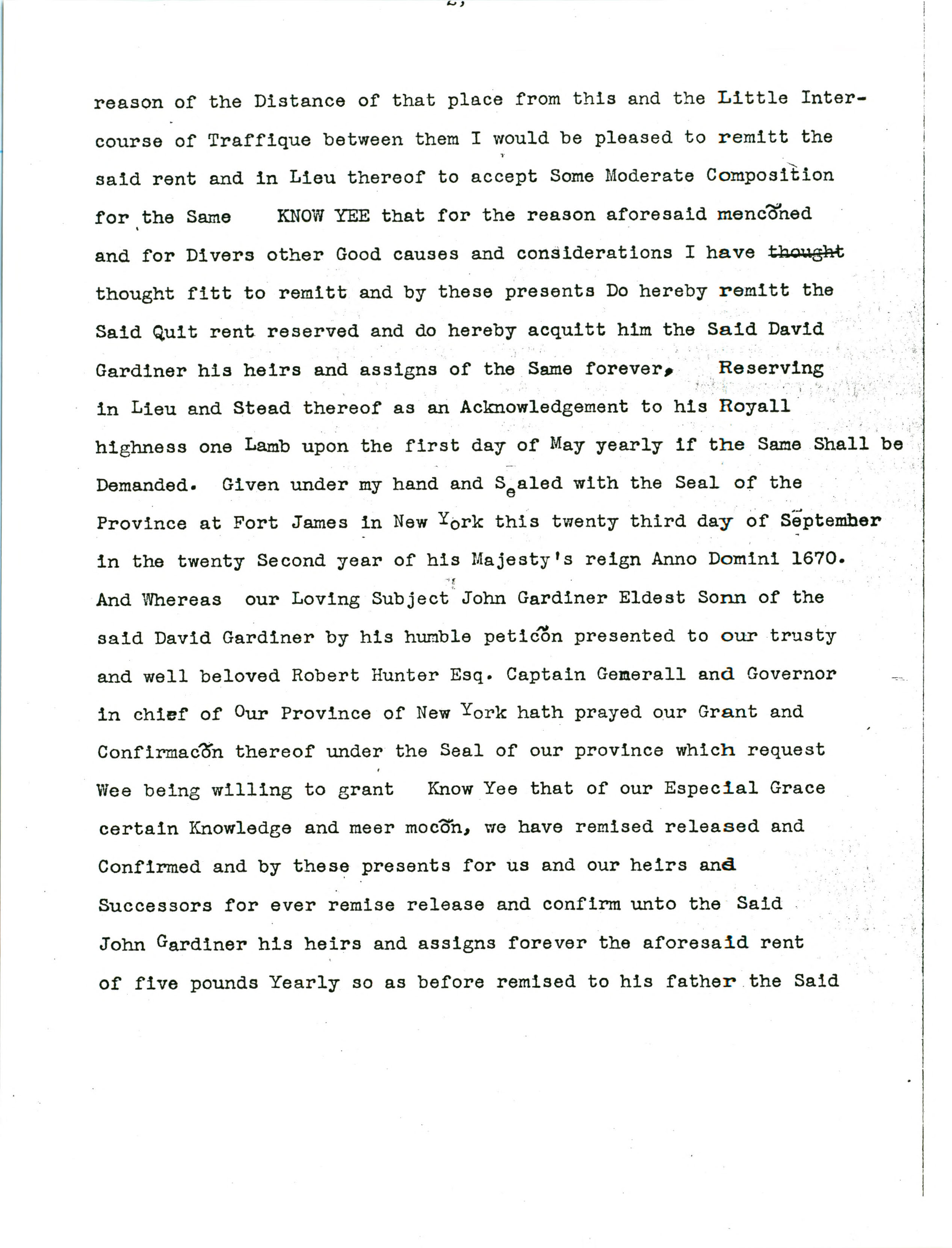 Transcript of Release of Annual Quit Rent Due to New York Colony from ...