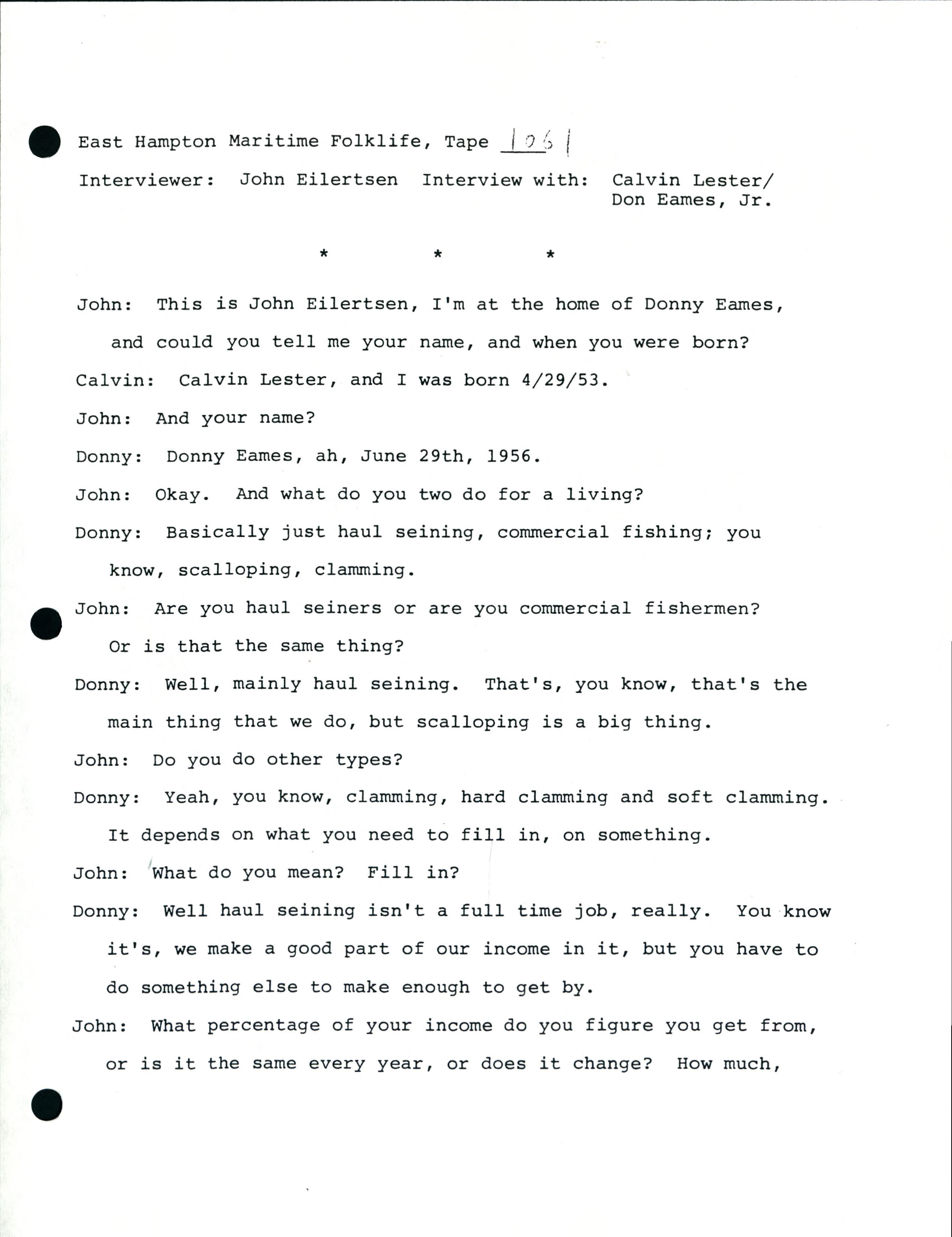 Interview with Calvin Lester and Don Eames Jr., Tape 1061